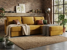 Rozkládací oboustranná sedací souprava do L VENORIA SLIM 200x143 cm, hořčicová + 2 polštářky ZDARMA