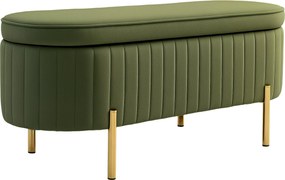 HOMCOM Oválná úložná lavice 72L s výklopným víkem a rýhovaným designem, moderní sametová tkanina a borovicové dřevo, 108x44x43,5 cm, tmavě zelená | Ao
