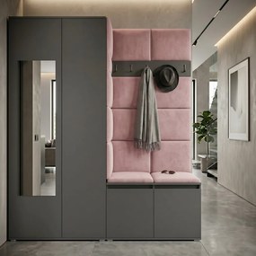 Předsíňová stěna Trinity 8 s čalouněnými panely, 190 cm, grafit/ světle růžová
