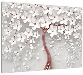 Skleněný obraz - Skleněný obraz bílého stromu s květinami, rosegold (70x50 cm)