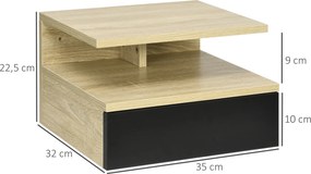 HOMCOM Sada 2 Floating Nočních Stolků Závěsných Nočních Stolků s 1 Šuplíkem a Otevřenou Policí do Ložnice 35x32x22,5 cm Dub a Černá
