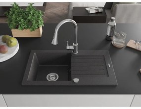 Mexen Pablo, 1-komorový granitový dřez 752x436x161 mm a dřezová baterie Elia, černá skvrnitá, 6510-76-670101-00