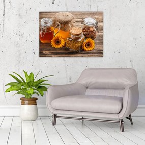 Skleněný obraz - Zátiší s medovými sklenicemi (70x50 cm)