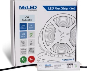 McLED LED pásek - sada 2 m, 240 LED/m, CW, 6 W/m, DC 24V, 520 lm/m, CRI90, IP67, 10 mm, vodič 3 m ML-126.032.90.S02001