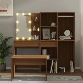 Toaletní stolek sada s LED hnědý dub kompozitní dřevo 3114106