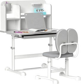 AIYAPLAY Výškově nastavitelný stůl a židle pro děti od 3 do 12 let, školní stůl s 45° nakloněnou deskou, zásuvkou, policí, držákem na tužky a stojanem