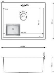 Erga HD, 1-komorový ocelový dřez 600x500x210 mm, ocelová, ERG-MLS-HD6050X