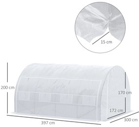 Fóliový skleník Outsunny 3,97 x 3,02 x 2 m s UV ochranou, větruodolný skleník na rajčata s ocelovými bočními dveřmi v bílé barvě