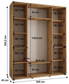 Šatní skříň YVONA 13 - 200/45 cm, dub artisan / bílá / stříbrná