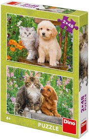 DINO Puzzle Pejsek a kočička na zahradě 2x48 dílků 26x18cm skládačka dn381728