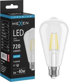 Mexen Vintis, LED filamentová žárovka E27, ST64, 6 W, studená bílá 6500K, čirá, L152-E27-0665-00