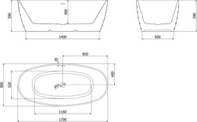 Mexen Olea, volně stojící vana 170 × 80 cm, bílá lesklá, bílý přepad, 52821708000-20