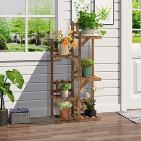 Dřevěný květinový regál Outsunny s 5 policemi - stojan na květináče, ornament s malými zábranami 60 x 30 x 130 cm z karbonizovaného borového dřeva pr…