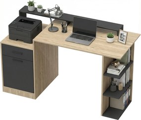 HOMCOM psací stůl 140 × 60 cm s zásuvkami, držákem na sluchátka, skříňkou a policemi — dub/černá | Aosom