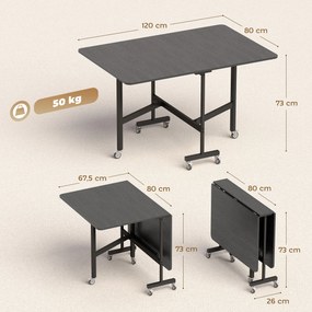 HOMCOM skládací jídelní stůl pro 4–6 osob s kolečky a sklápěcími deskami, černý, 120 × 80 × 73 cm