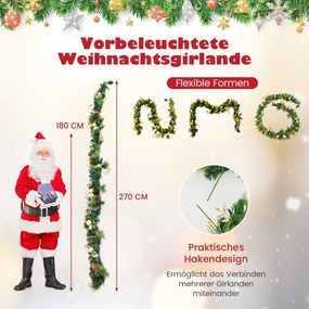 Costway 270 cm vánoční věnec s 50 teplými bílými LED diodami a šiškami a zlatými