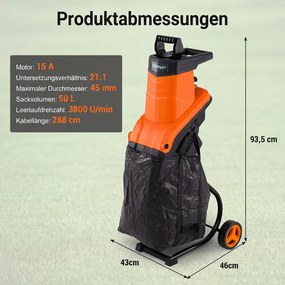 Costway Zahradní drtič elektrický 2500 Nožový drtič W na větve do 45 mm 21: 1