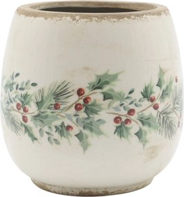 Béžový keramický květináč s cesmínou Holly Christmas Antique – Ø 15*14,5 cm