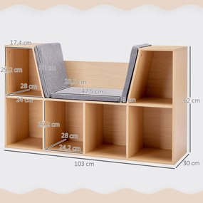 HOMCOM dětská knihovna se sedacím područkou, dětská lavice se 6 přihrádkami, sedací truhla se 3 polštářky, box na hračky od 3 let, šedá+přirodní 103 …