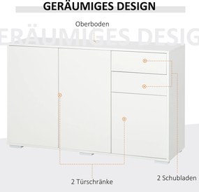 HOMCOM Příborník bílý Komoda se 2 zásuvkami a 3 dvířky, víceúčelová skříň, skříňka na dokumenty, 117x36x74cm