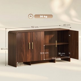 HOMCOM komoda do obývacího pokoje, úložný nábytek se 4 dveřmi s měkkým zavíráním, 4 přihrádkami a zaoblenými hranami, 152x40x80 cm, ořech