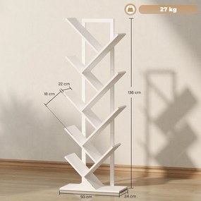 HOMCOM knihovna ve tvaru stromu s 9 policemi a protipřevracovým systémem pro obývací pokoj a ložnici, 50x24x136 cm, bílá