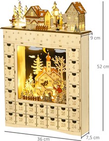 HOMCOM Adventní kalendář k naplnění, 24 šuplíků, přihrádky, vánoční kalendář s LED světly, přírodní dřevo, 36 x 9 x 52 cm