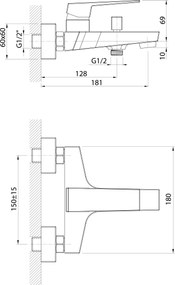 Aqualine Aqualine, RITMO vanová nástěnná baterie, chrom, RT010