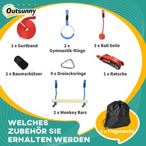 Outsunny Ninja Slackline Set 30 kusů, 10m lano s překážkami, lezecký rám, venkovní trénink lezení, herní vybavení pro děti 3-6 let, gymnastické kruhy…