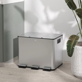 HOMCOM 3-komorový 20L kuchyňský pedálový koš se 3 tiše zavírajícími víky z nerezové oceli a PP, 61,9 x 36,6 x 56,7 cm, Stříbrná