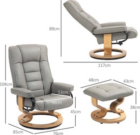 HOMCOM Relaxační křeslo s taburetem, otočné o 360°, naklopitelné o 130°, s funkcí polohování, vysoký opěrák, dřevěný rám, koženka, 76x85x104cm, šedé|…