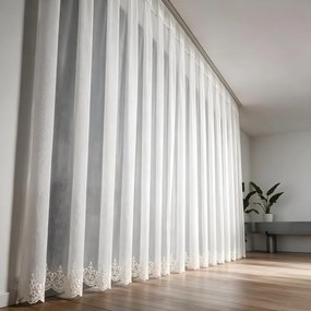 Voálová﻿ hotová nařasena záclona vyšívaná smetanová s řasící páskou Ervi 53085 (různé velikosti)
