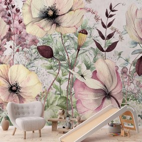 Fototapeta Zakouzlená louka - krajina s motivem květin a motýlů na světlém pozadí