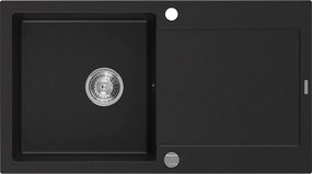Mexen Leo granitový dřez 1-komorový s odkapávačem 900 x 500 mm, černý, chromový sifon - 6501901010-77