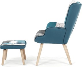 Relaxační křeslo ušák s podnožkou LYRO - modrá patchwork látka