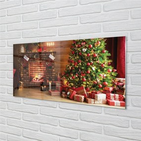 Obraz na skle Krbová dárky vánoční stromky 125x50 cm