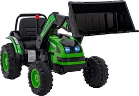 Ramiz Dětský bagr-traktor na baterie zelený + pohyblivé rameno s lžící + dálkové ovládání + pomalý start + FM rádio + LED