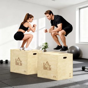 HOMCOM plyo Box 3 v 1 Dřevěný plyometrický box se 3 výškami skoku Rukojeti 61 x 51 x 76 cm Přírodní dřevo