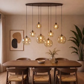 Závěsné svítidlo Art Deco tmavě bronzové s jantarovým sklem oválným 8-světlo - Sandra