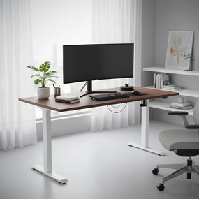 Výškově nastavitelný stůl OfficeTech A, 160 x 80 cm, bílá podnož, ořech