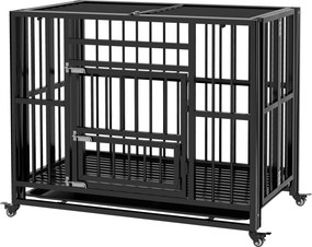 PawHut klec pro psy box pro psy s dvojitými dvířky bouda pro psy, kolečka, psí bouda, ocel, černá, 94 x 58 x 78 cm | Aosom