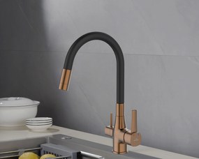 Invena Magic, stojánková dřezová baterie s flexibilním ramenem a filtrem na pitnou vodu, černá-měděná matná, INV-BZ-02-F15-V
