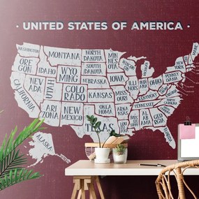 Samolepící tapeta naučná mapa USA s bordóvým pozadím - 450x300 cm