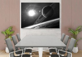 Obraz planeta ve vesmíru v černobílém provedení - 120x80 cm