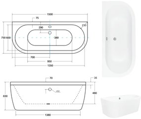 NIKIDO - B Přístěnná vana VISTA 140, 150, 160, 170 Rozměry: 140 x 75cm