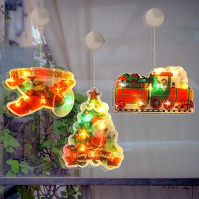 Vánoční LED závěsná dekorace do okna, Santa Claus řídí vlak plný darků