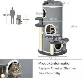 PawHut sud na škrabadlo pro kočky 99 cm s pelíškem, míčkem a plošinami, nábytek pro kočky, šedý| Aosom