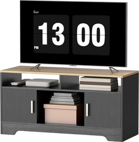HOMCOM TV stolek ze dřeva s 2 nikami, 2 skříňkami s dvířky, 1 otevřenou skříňkou, 105 x 40 x 52 cm, černý dekor dřeva