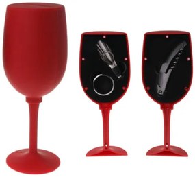 Luxusní set na víno Sklenice, vývrtka, nálevka a kroužek, červená
