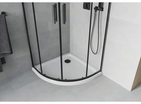 Mexen Rio, čtvrtkruhový sprchový kout s posuvnými dveřmi 90 x 90 cm, 5mm čiré sklo, černý profil + bílá sprchová vanička, 863-090-090-70-00-4110B